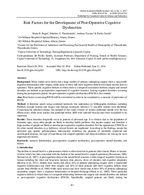 Pdf Risk Factors For The Development Of Post Operative Cognitive