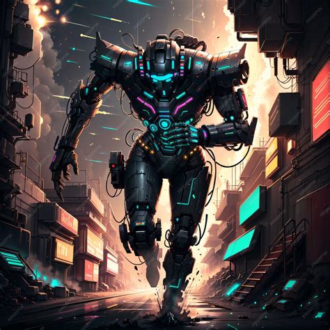 Premium Ai Image Cyberpunk Neon Robot Running