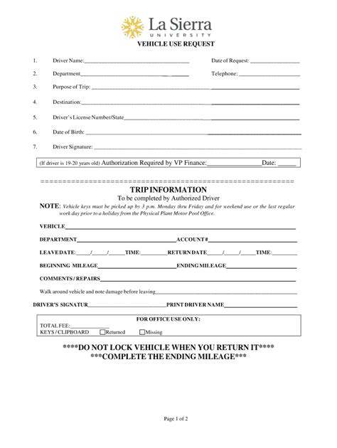 Fillable Online Vehicle Use Request Vehicle Use Request Fax Email