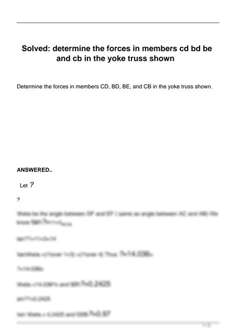 Solution Solved Determine The Forces In Members Cd Bd Be And Cb In The Yoke Truss Shown