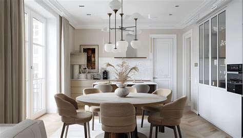 Modern Dining Space With Round Table Upholstered Chairs Statement Light