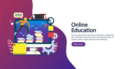 컴퓨터도 서와 연구 과정에서 작은 사람들이 문자 E학습 개념 전자도 서 또는 온라인 교육입니다 웹 페이지 배너 프레 젠 테이 션 소셜 미디어 및 인쇄 자료에 대 한 템플릿