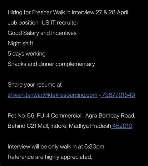 shivani tanwar on linkedin hiring fresher walkininterview indore