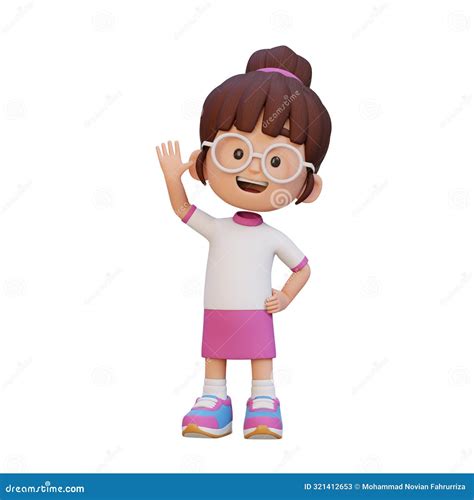 3d Girl Character Waving Hand With Cute Happy Face Stock Illustration