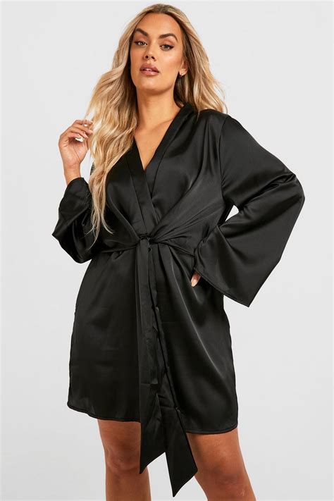 Womens Plus Satin Knot Front Wide Sleeve Dress Boohoo Uk