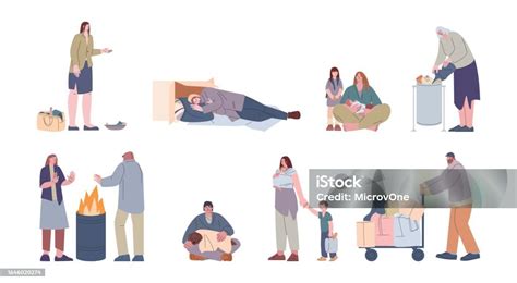 노숙자 성인 가난한 여성과 남성 빈곤 실업자 및 난민 거리에서의 사람생활 거지 사회적 고립 킥키 벡터 장면 홈리스에 대한 스톡