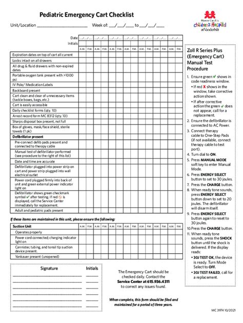 Fillable Online Pediatric Emergency Cart Checklist Fax Email Print