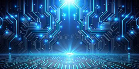 Abstract Futuristic Circuit Board Design With Glowing Blue Pathways And Reflective Surface