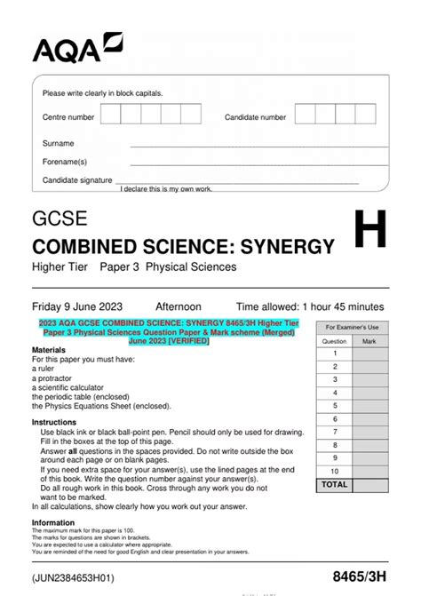 2023 Aqa Gcse Combined Science Synergy 84653h Higher Tier Paper 3