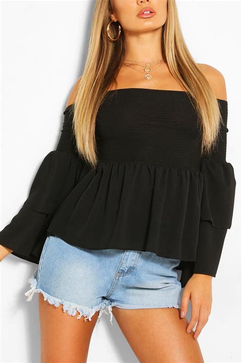 Womens Black Woven Off The Shoulder Flared Sleeve Top Boohoo Uk