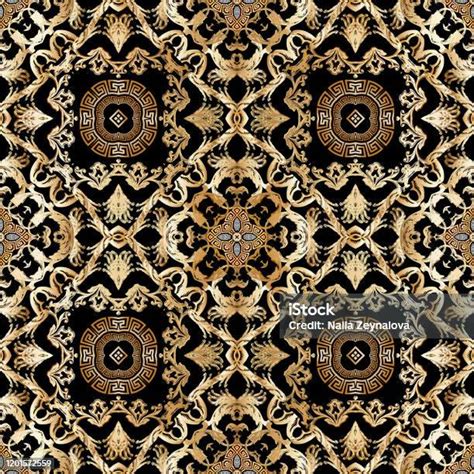 바로크 3d 빈티지 벡터 원활한 패턴입니다 꽃 장식 그리스 배경입니다 기하학적 반복 배경 현대 그리스 키 사행 황금 장식품입니다 원 프레임 만다라 모양 꽃 나뭇잎 0명에