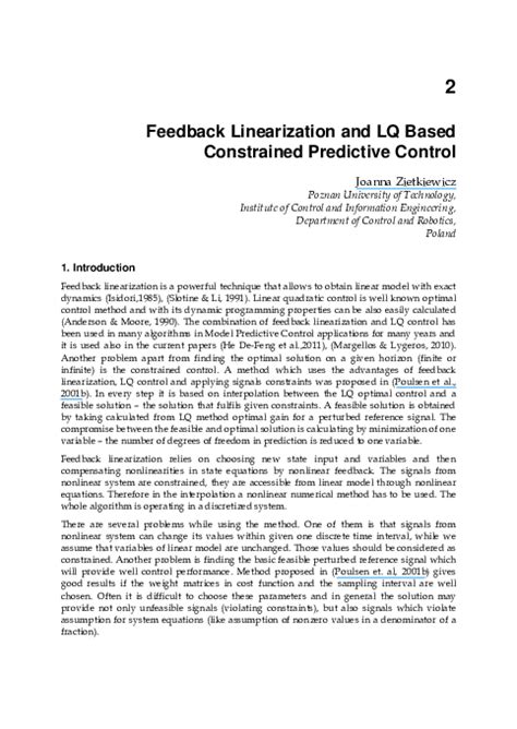 Pdf Feedback Linearization And Lq Based Constrained Predictive Control