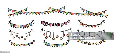 플래그 화환 낙서 장식 요소 밝은 화려한 생일 파티 번팅 페스톤 심장 화환 스타 매달려 폼 폼 화환 손으로 그린 낙서 벡터 일러스트레이션 꽃 식물에 대한 스톡 벡터 아트 및