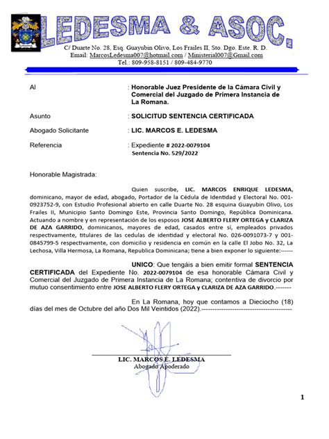 Solicitud De Sentencia Certificada Pdf