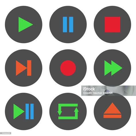 화려한 미디어 플레이어 컨트롤 버튼을 설정합니다 재생 일시 정지 정지 기록 앞으로 되감기 이전 다음 추출 반복 아이콘 벡터 Vcr에 대한 스톡 벡터 아트 및 기타 이미지