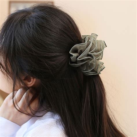 무료배송 Dn9ne 여성 쉬폰 더블 레이어 곱창밴드 그린 스크런치 여자 헤어핀 머리끈 악세사리