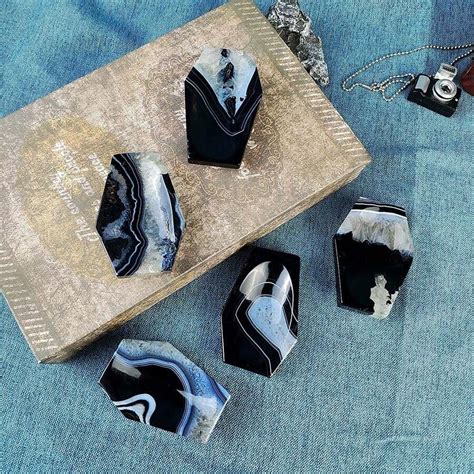1pc Natural Crystal Black Sardonyx Coffin Shaped Geode Hand Carved Desk