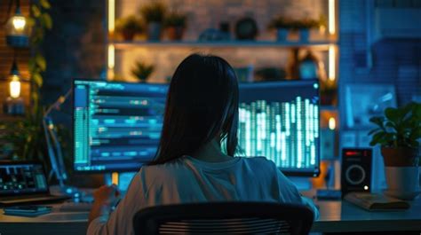 Asian Woman Coding AI Data Mining Project Remotely Premium AI