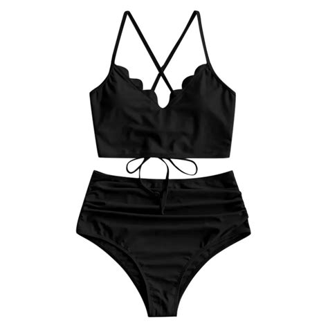 Bikini De Cintura Alta Con Textura Festoneado Para Mujer Traje De Baño