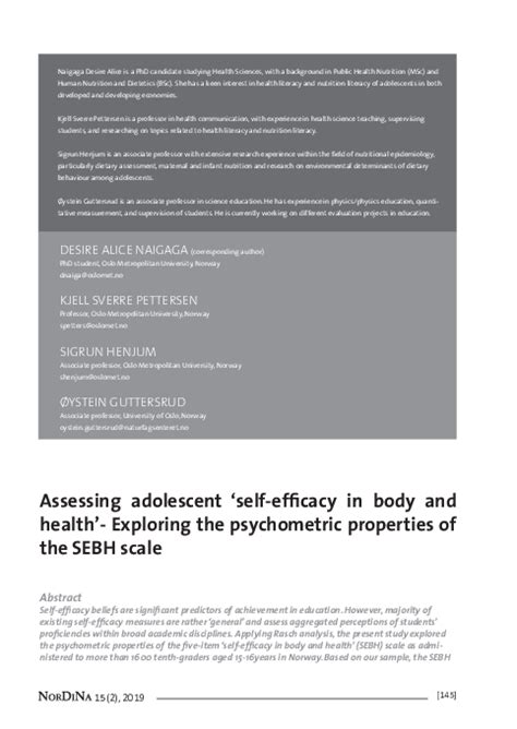 Pdf Assessing Adolescent Self Efficacy In ‘body And Health Exploring The Psychometric