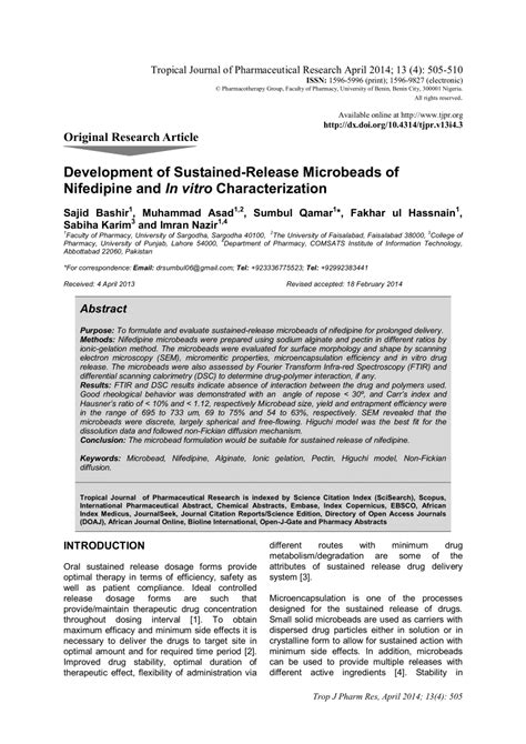 Pdf Bashir Et Al Development Of Sustained Release Microbeads Of Nifedipine And In Vitro