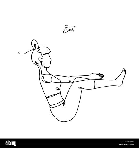 Single Line Drawing Of A Girl In Boat Yoga Pose With Name Text Stock