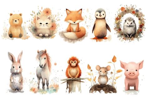 귀여운 아기 펭귄 여우 고슴도치 마우스 돼지 말 원숭이 고양이 토끼 곰 사파리 동물의 수채화 세트 장식 디자인을 위한 만화 동물 귀여운 동물 벡터 세트 Handdrawn