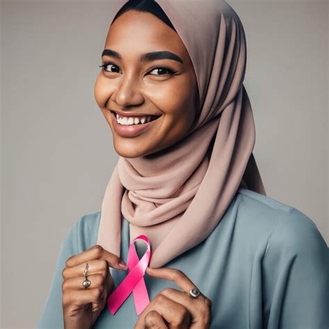 Premium Photo A Woman Holds A Breast Cancer Pink Ribbon Logo In Her