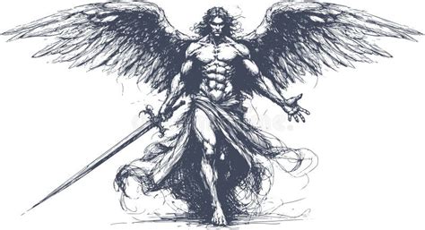 Illustration Of A Mighty Angel With A Sword In His Hands And Spread