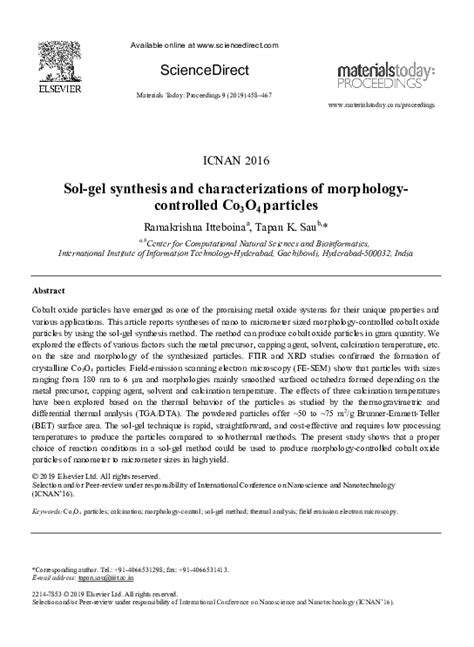 Pdf Sol Gel Synthesis And Characterizations Of Morphology Controlled Co3o4 Particles