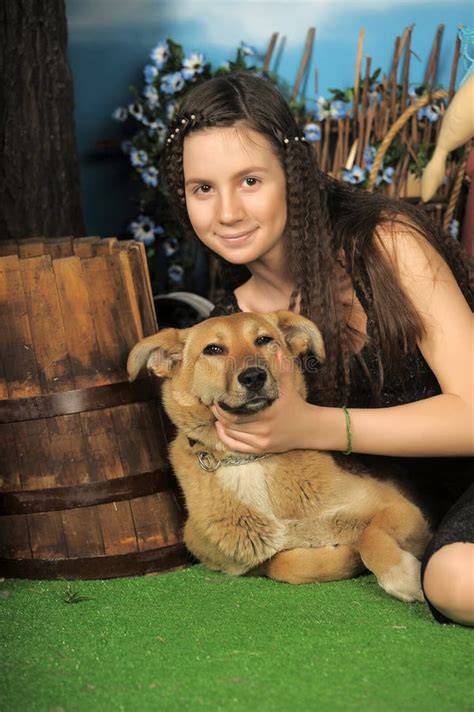 Brunette Girl With A Red Dog Stock Image Image Of Haired Caucasian