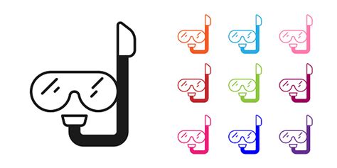 흰색 배경에 고립 된 검은 다이빙 마스크와 스노클링 아이콘 익스트림 스포츠 다이빙 수중 장비 다채로운 아이콘을 설정합니다 벡터