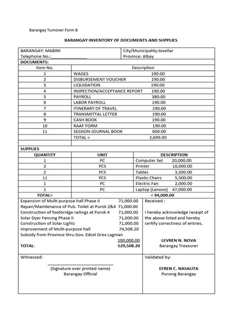 Barangay Turnover Form B Btr Pdf