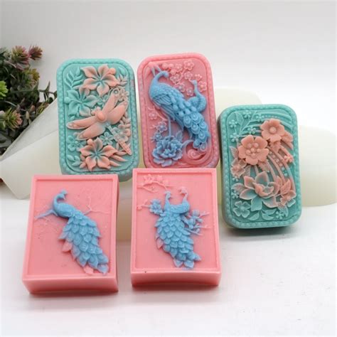 Silicone Rectangle Soap Mold Embossed Flowers Peacocks Dragonflies Soap