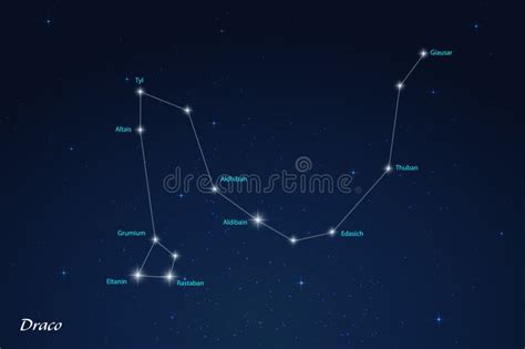 Draco Constellation With Star Names In Night Sky Stock Illustration