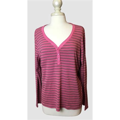 Vintage Ladies White Stag Long Sleeve V Neck Pink Striped Cotton