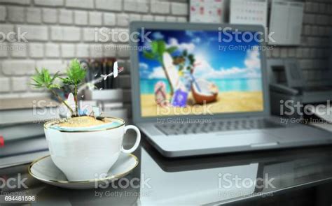 투어 개념의 개념 사무실 책상 3d 그림에 커피 한잔에 열 대 섬 여행 3차원 형태에 대한 스톡 사진 및 기타 이미지 3차원 형태 가구 개념과 주제 Istock