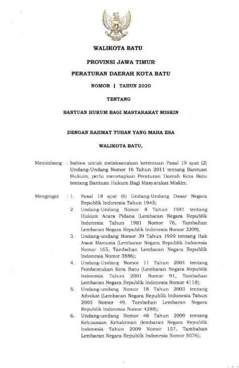 Peraturan Daerah Kota Batu No 1 Tahun 2020 Tentang Bantuan Hukum Bagi