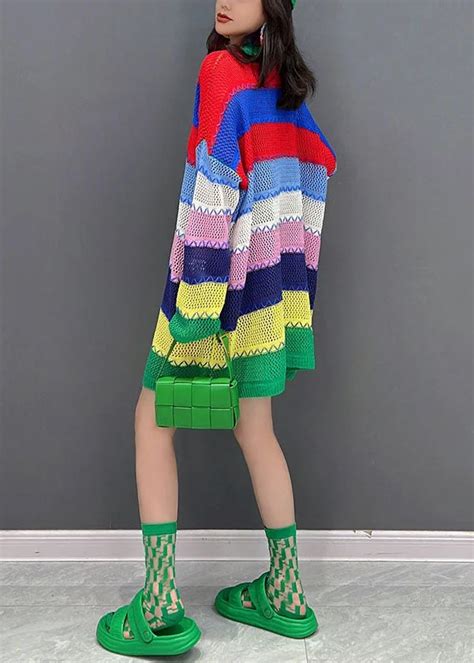 Beautiful Multi Striped O Neck Hollow Out Knit Sweater Dress Winter