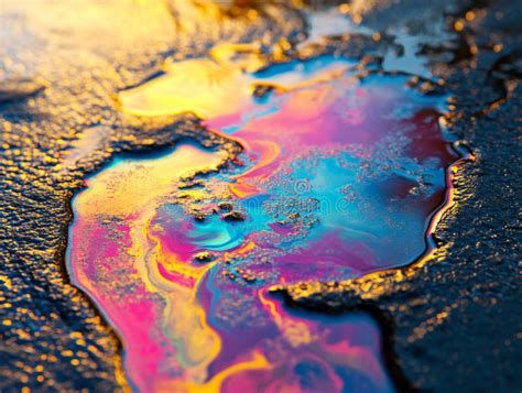 The Wet Asphalt Reflects Sunlight Causing Vibrant Colors To Form A