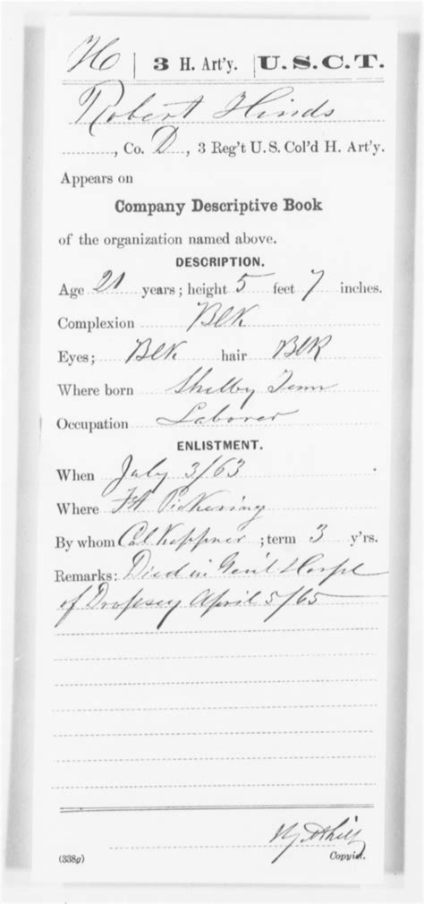 Hines Robert Age 25 Year 1863 3d Us Colored Heavy Artillery African American Civil War