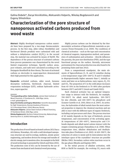 Pdf Characterization Of The Pore Structure Of Nanoporous Activated Carbons Produced From Wood