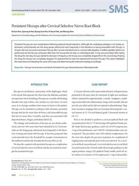 Pdf Persistent Hiccups After Cervical Selective Nerve Root Block