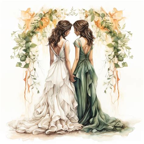 There Are Two Women In Dresses Standing Under A Floral Arch Generative
