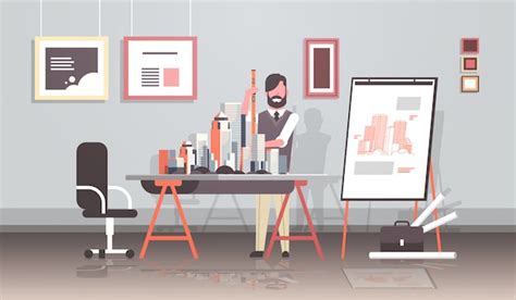 Premium Vector Man Architect Holding Level Engineer Working With New Building City Model For