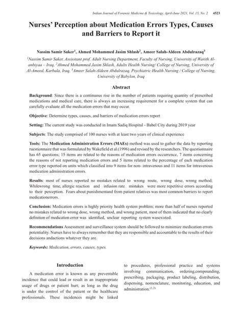 Pdf Nurses Perception About Medication Errors Types Causes And