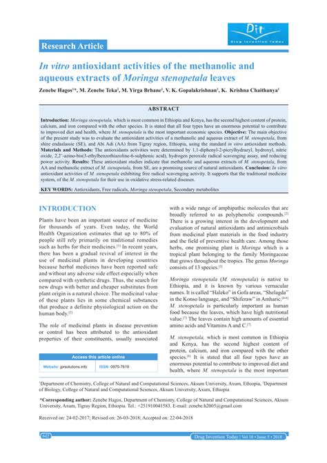 Pdf In Vitro Antioxidant Activities Of The Methanolic And Aqueous Extracts Of Moringa