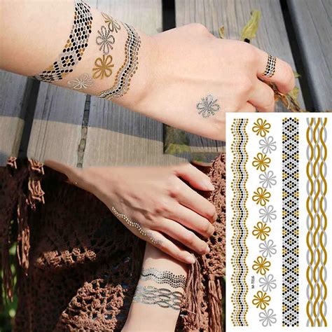 8 Sheets Gold Metallic Temporary Tattoos For Women Shimmer Designs