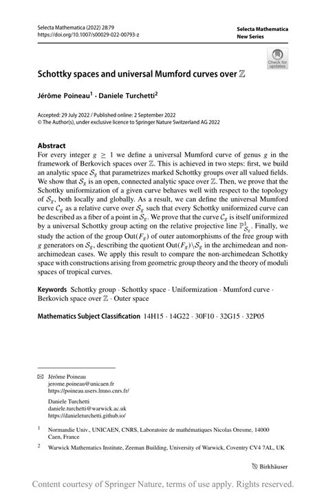 Schottky Spaces And Universal Mumford Curves Over Mathbb Z Request Pdf