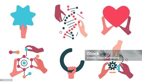 기하학적 모양을 잡고있는 손 다른 추상적 인 인물 창조적 인 해결 퍼즐 Dna 분자 심장 및 기어 팀워크 개념 Nowaday